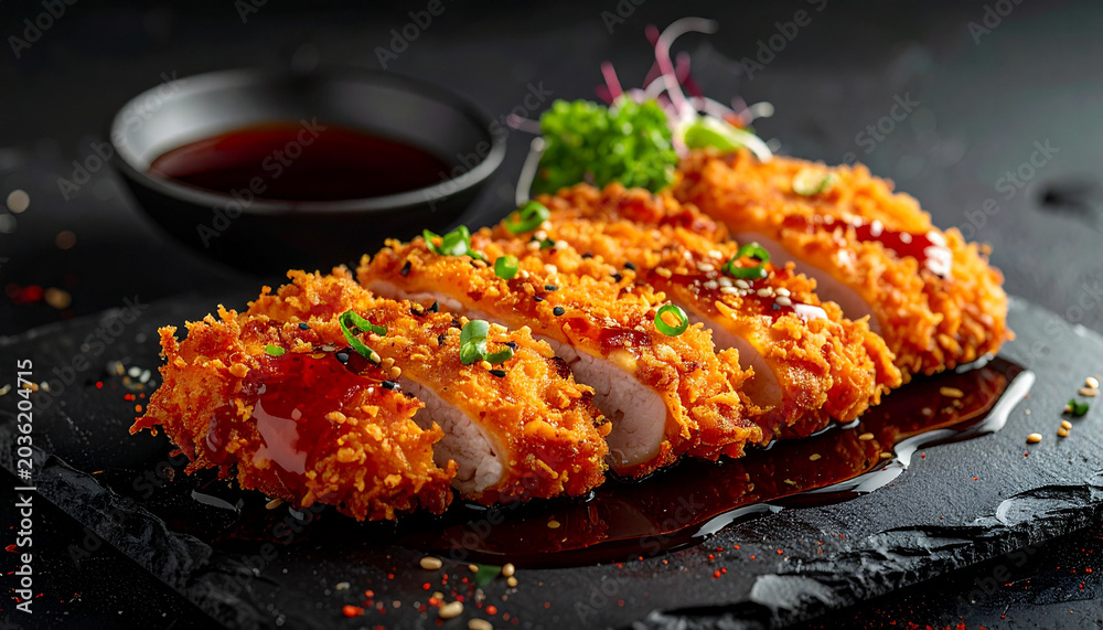 Crispy chicken katsu cutlet with glossy sauce in refined Japanese fine ...