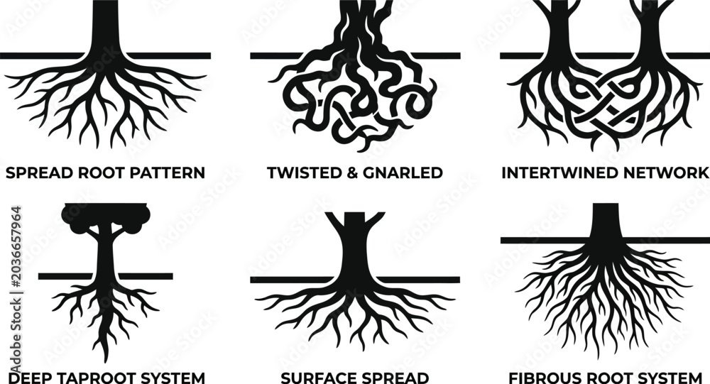 tree root systems types including spread root pattern twisted and ...