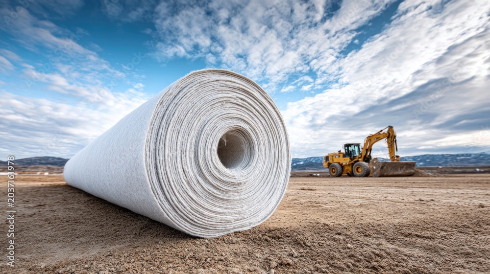 Large roll of geotextile fabric on a construction site with heavy ...
