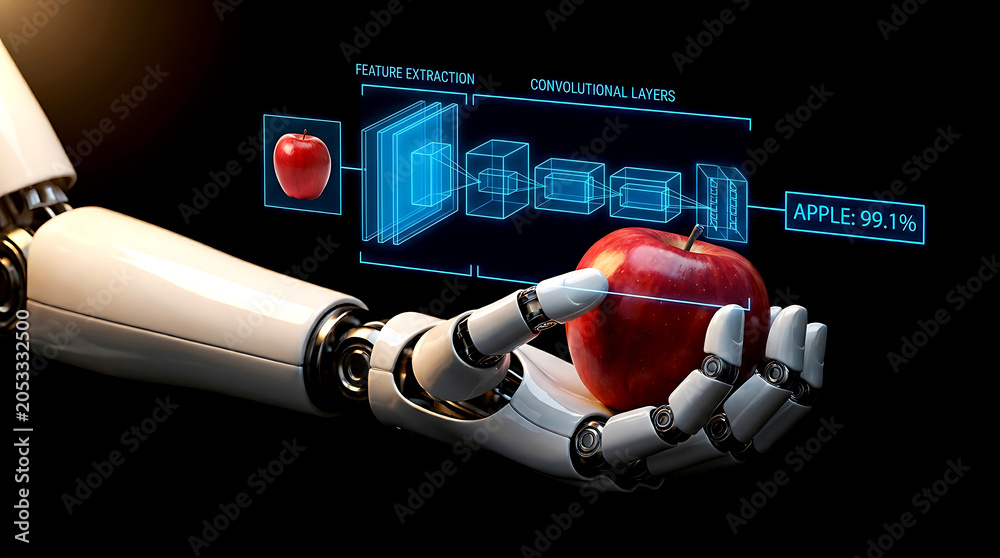 Robotic arm holding red apple with neural network visualization の Stock ...