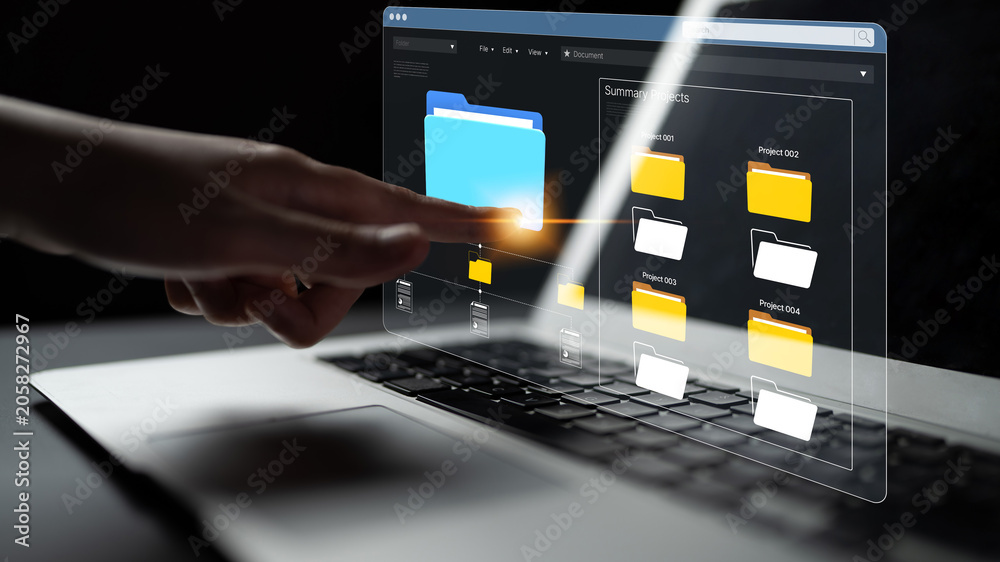 ภาพถ่าย Stock Hand Interacting with Digital Interface for File ...