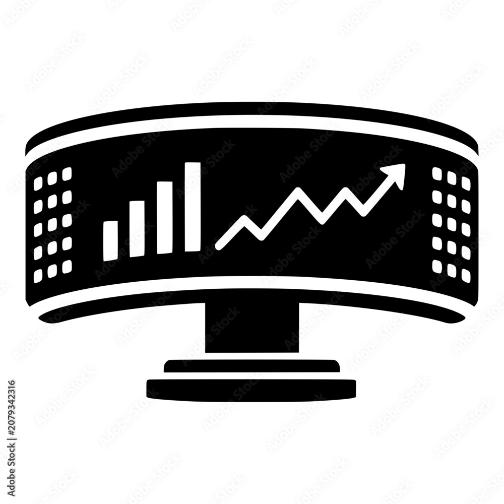 Stock Ticker Display Screen with Bar Chart and Rising Graph Silhouette ...