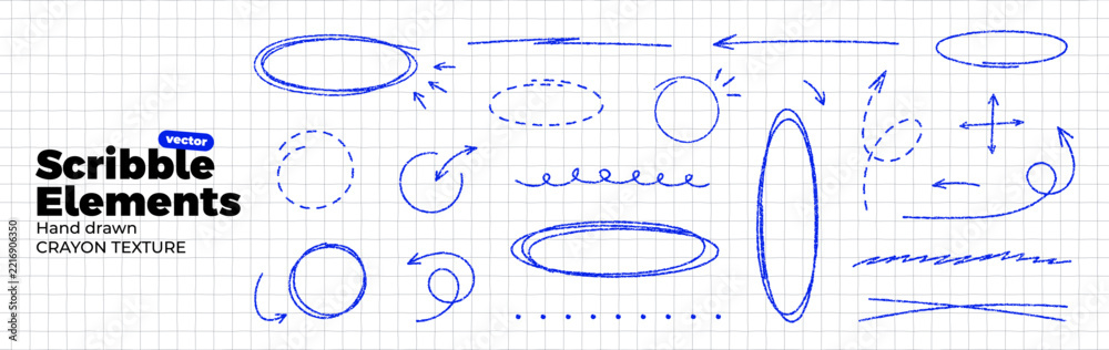 Scribble doodle set on notebook paper. Hand drawn blue pen texture ...