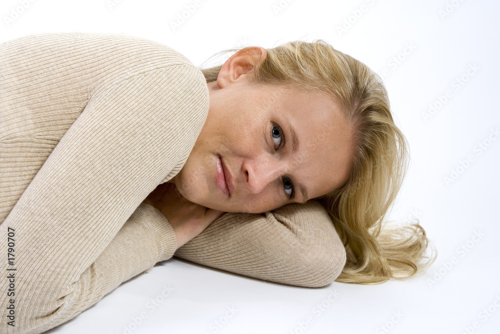 beautiful blonde woman laying down head and shoulders 2 Stock Photo ...