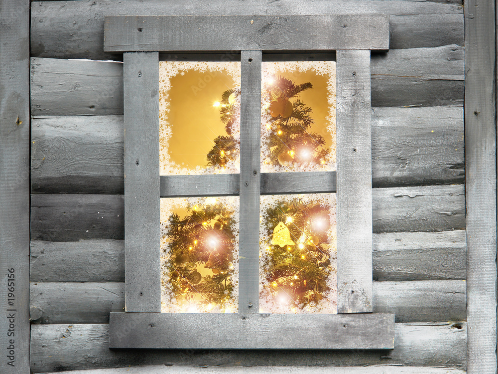 wooden lodge window with christmas tree Stock Photo | Adobe Stock