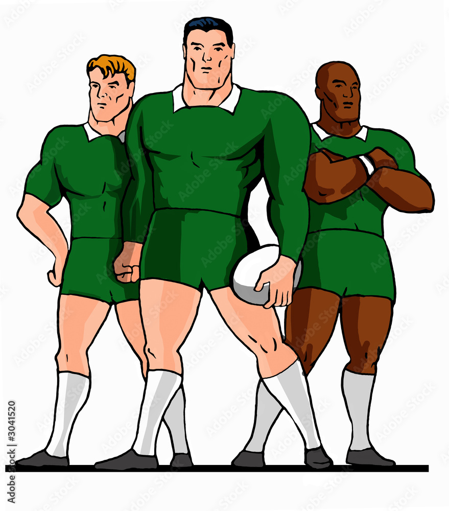 rugby 3 players standing green cartoon style Stock Photo | Adobe Stock