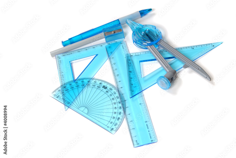 Rulers, triangles, protractor, pencil and pencil sharpener Stock Photo ...