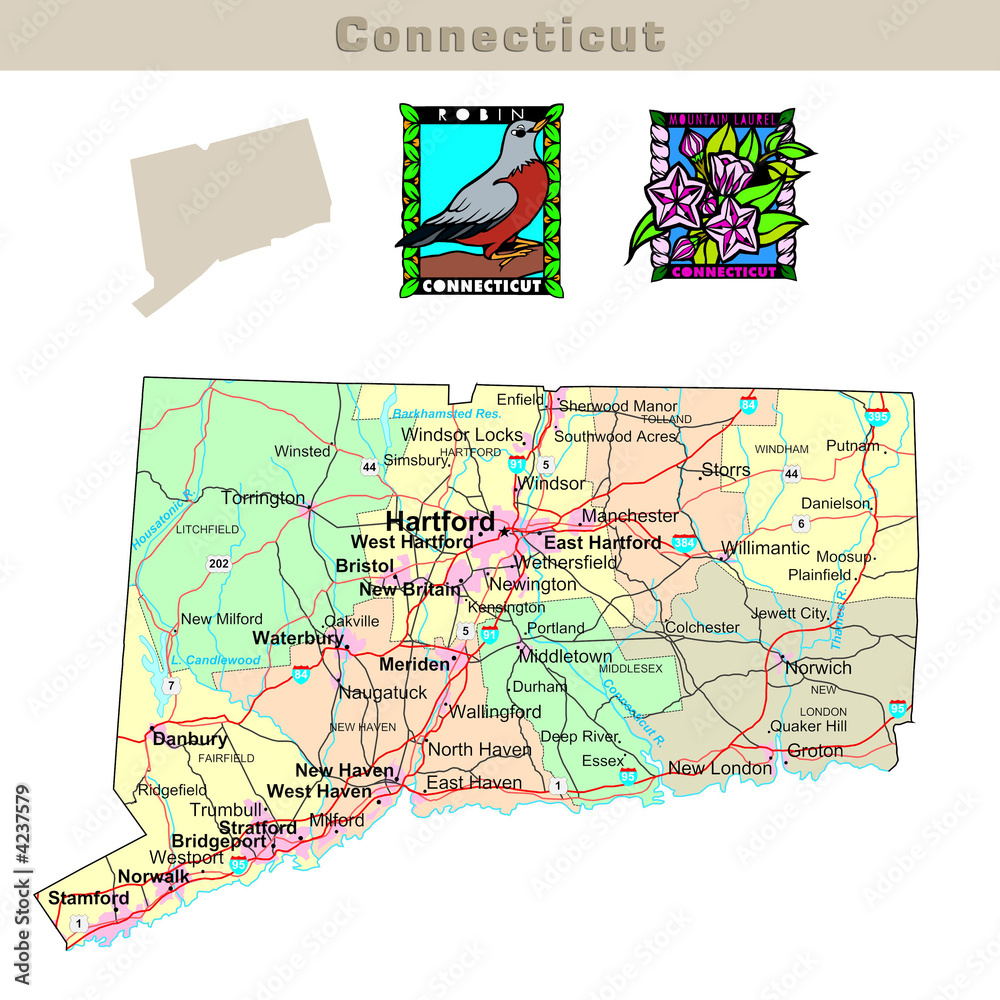 USA states series: Connecticut. Political map Stock Illustration ...