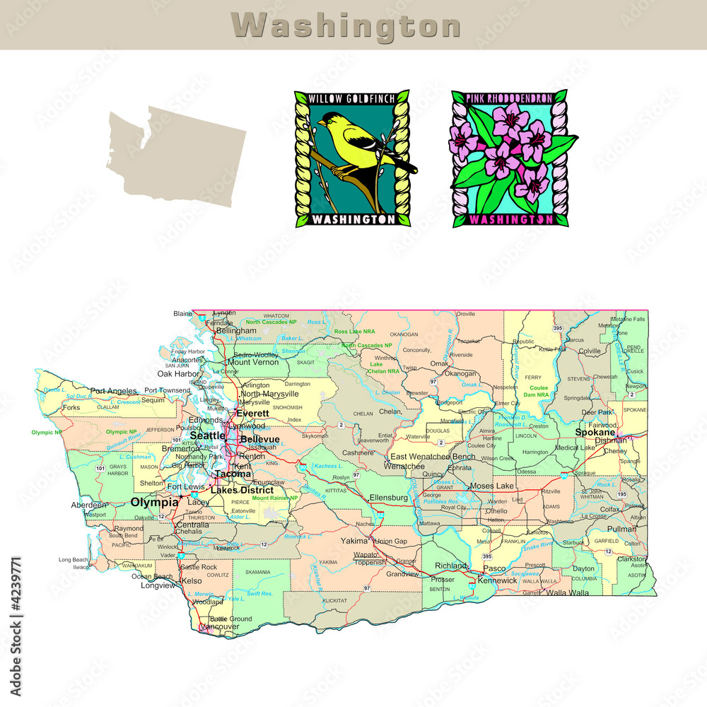 USA states series: Washington. Political map with counties Stock ...