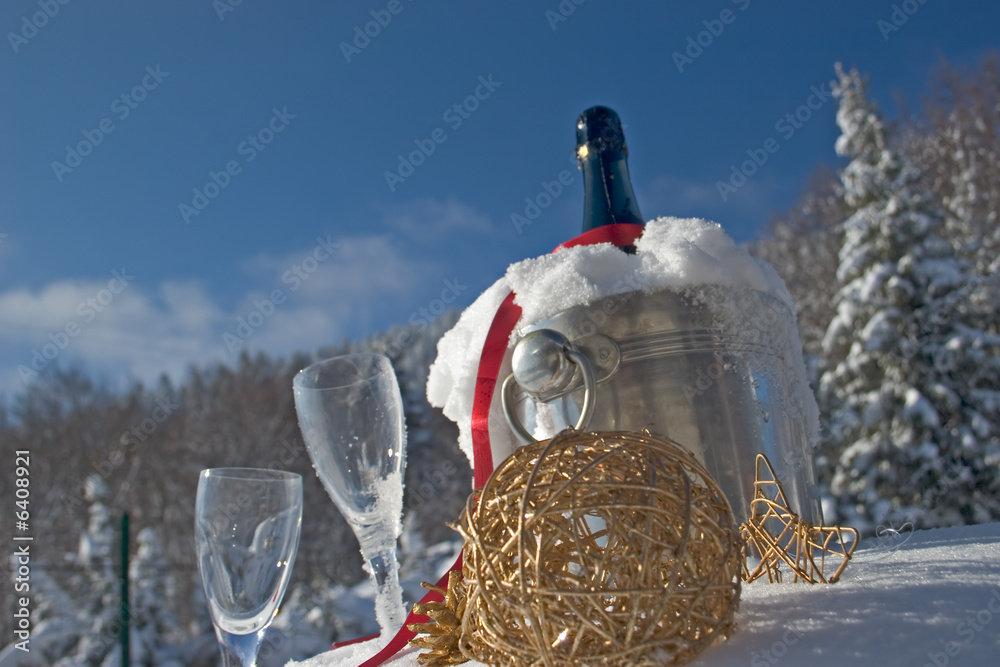 Glasses and bottle of champagne in snow Stock Photo | Adobe Stock