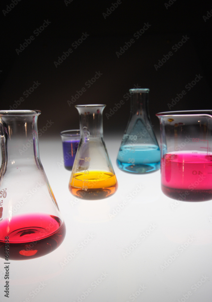 Beaker and conical flask with various colored sample Stock Photo ...