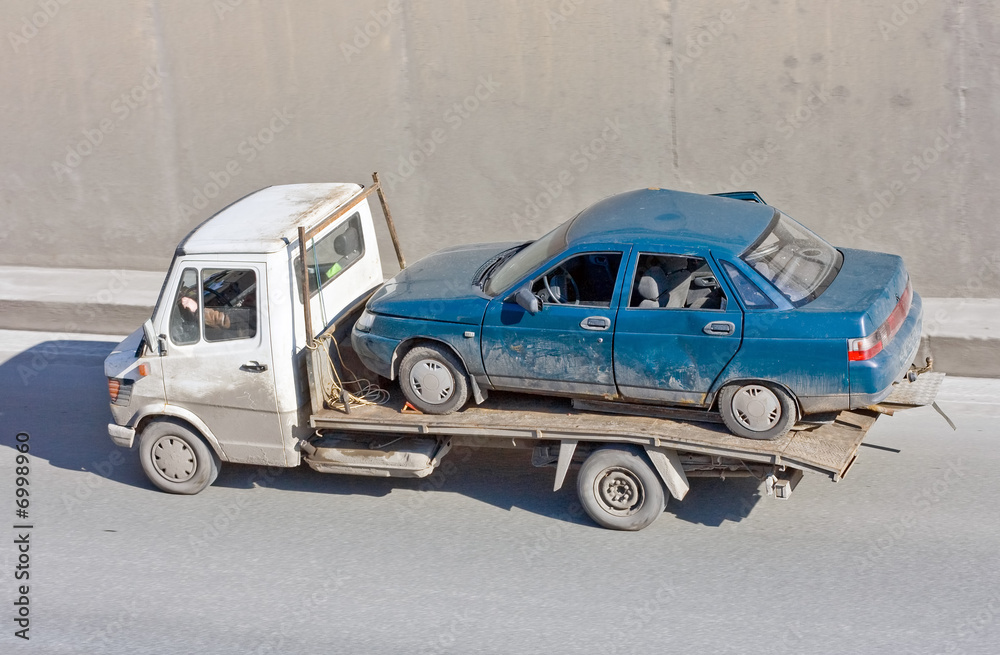 wreck car carrier truck deliver dameged car to repair box Stock Photo ...