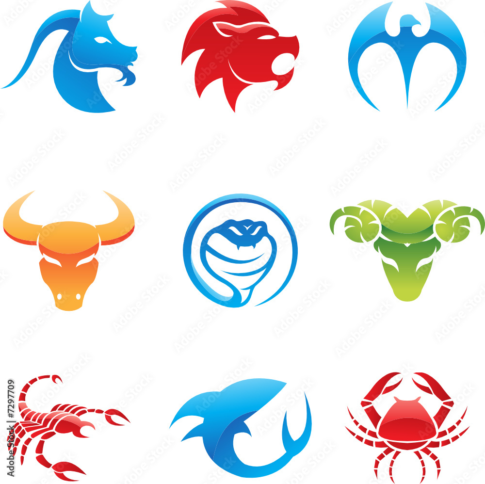 Glossy logos of 9 different animals in various colours Stock Vector ...