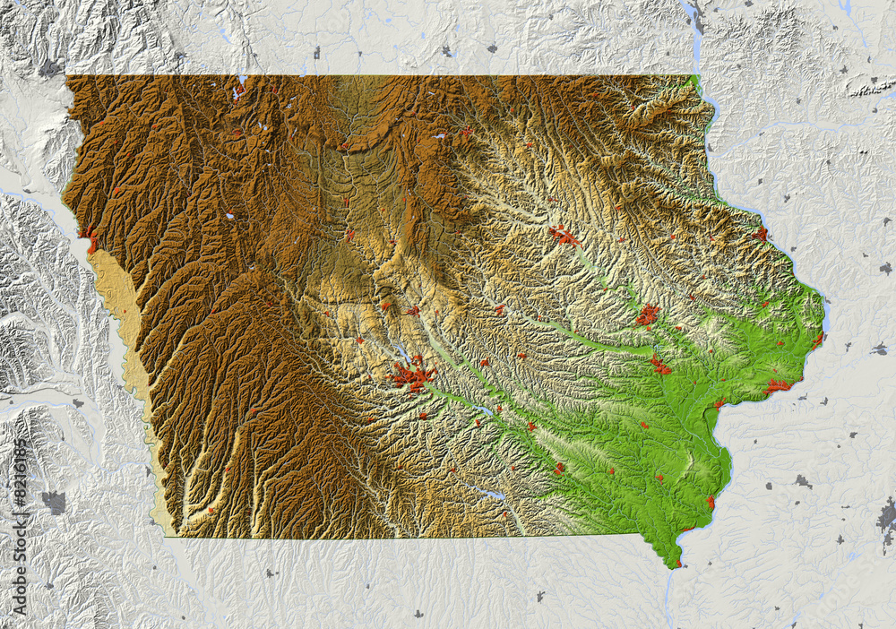 Relief map of Iowa, colored according to elevation. Stock-Illustration | Adobe Stock