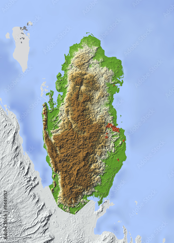 Qatar, shaded relief map, colored according to elevation Stock ...