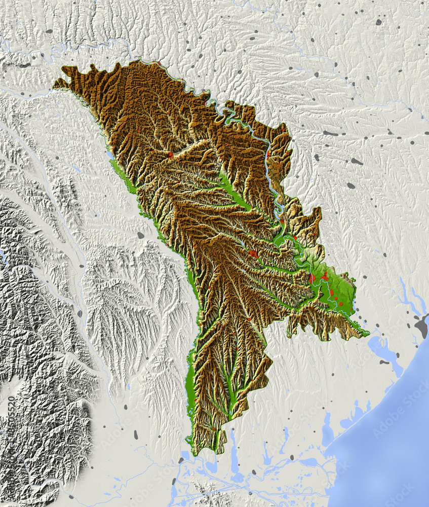 Moldova, relief map, colored according to elevation Stock Illustration ...