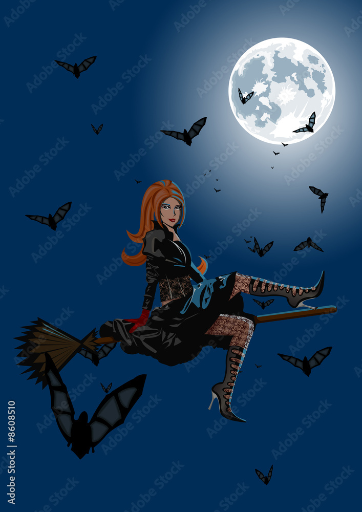 Beautiful witch sitting on broom on full moon background Stock Photo ...