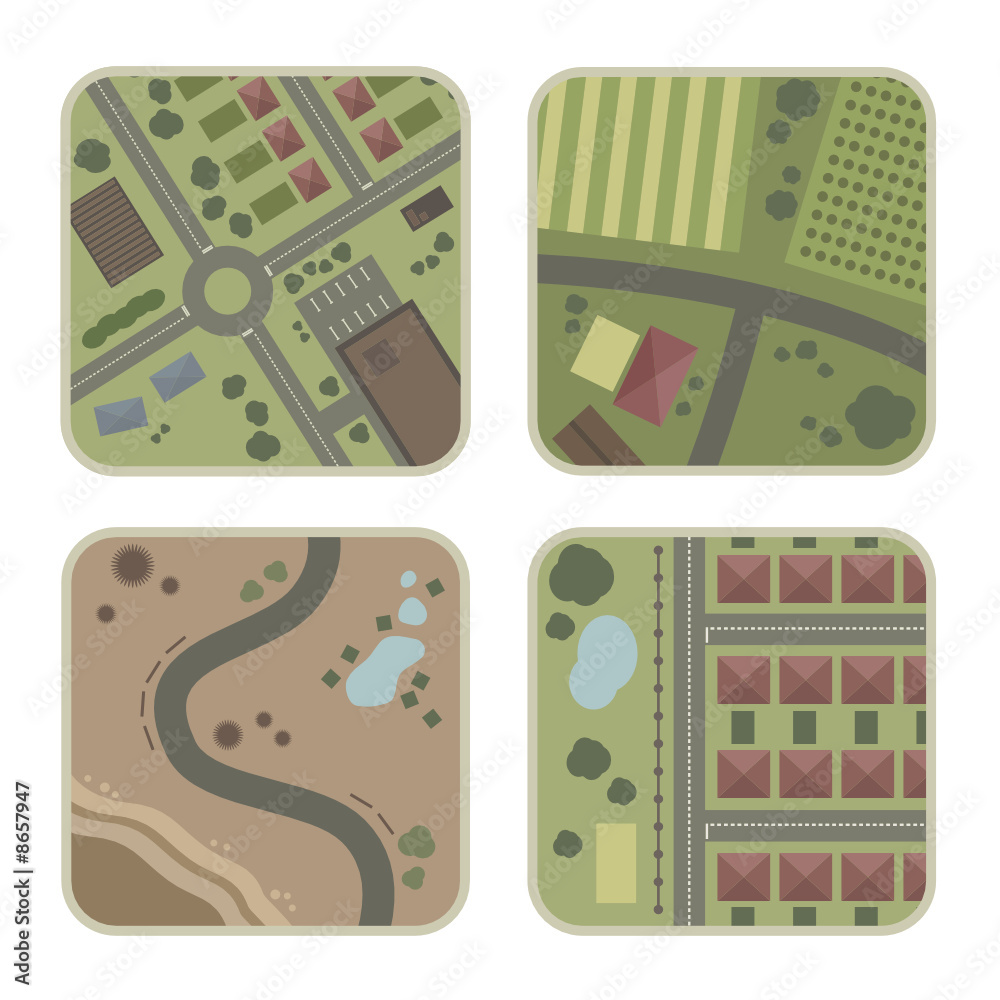 four maps, town, countryside, desert and suburbs Stock Vector | Adobe Stock