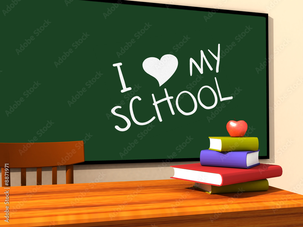 Inside of a classroom with I love my school on the chalkboard Stock ...