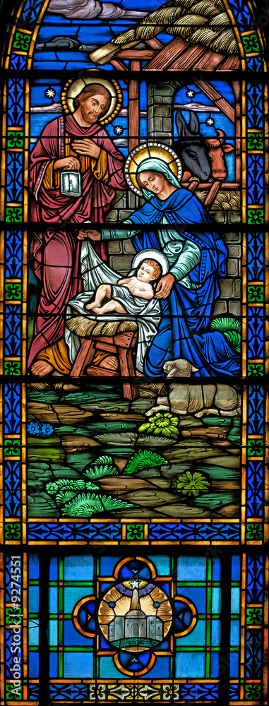 Stained glass window of Nativity from 1899 panorama Stock Photo | Adobe ...