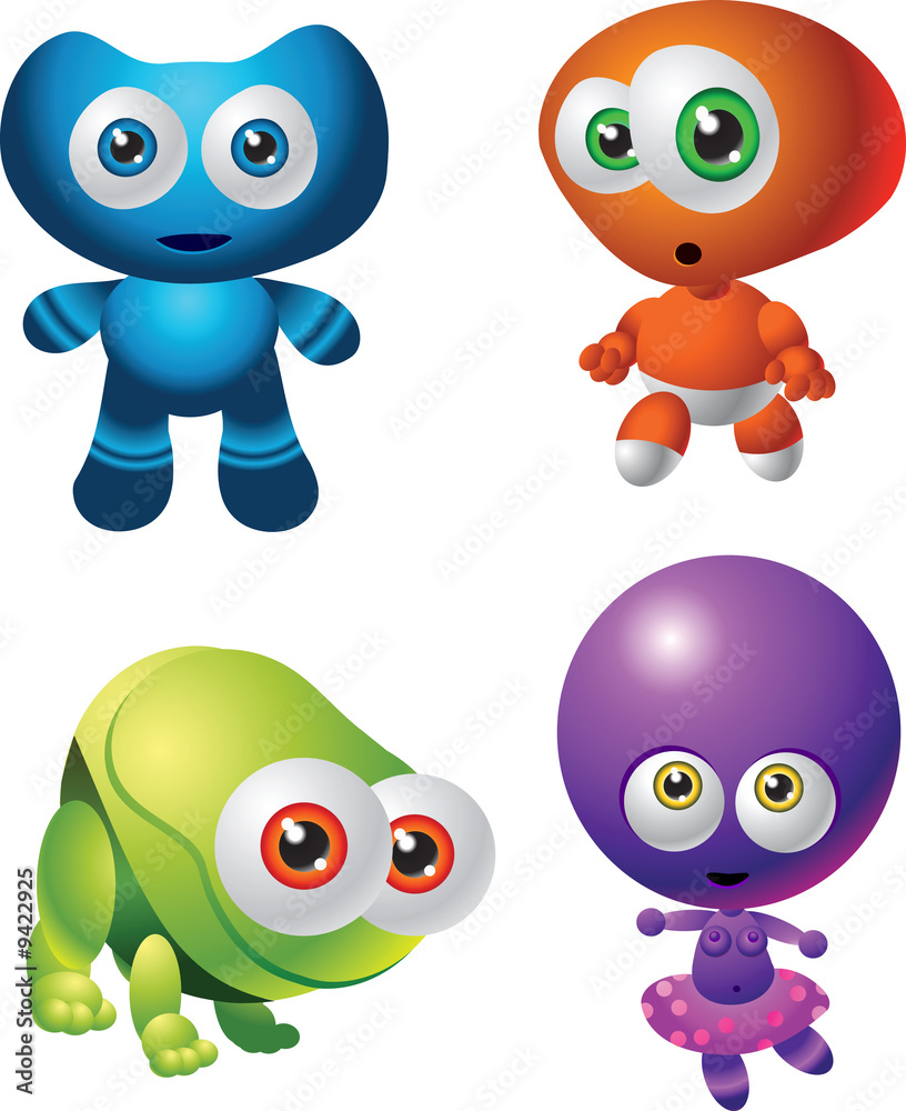 cute cartoon baby aliens in blue, red, green, purple colours Stock ...