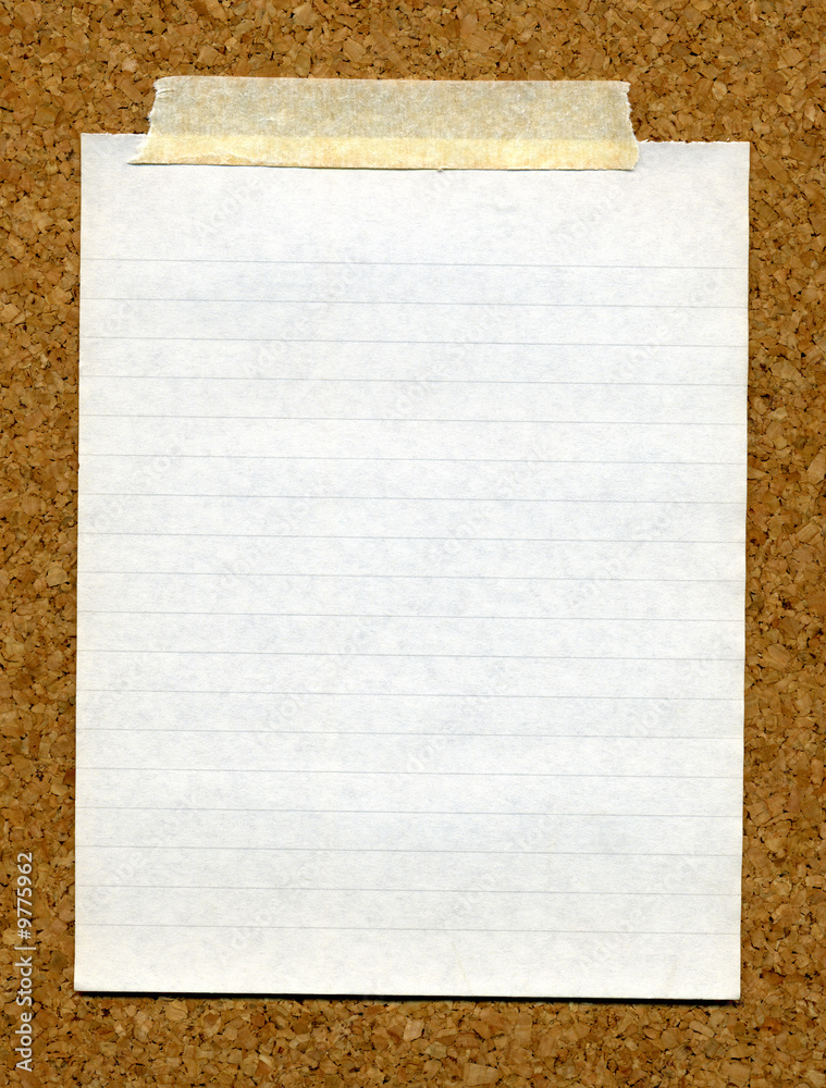 High resolution piece of writing paper stuck to a cork board. Stock ...