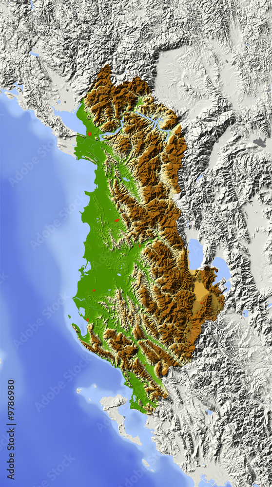 Albania. Shaded relief map, colored for elevation. Stock Illustration | Adobe Stock