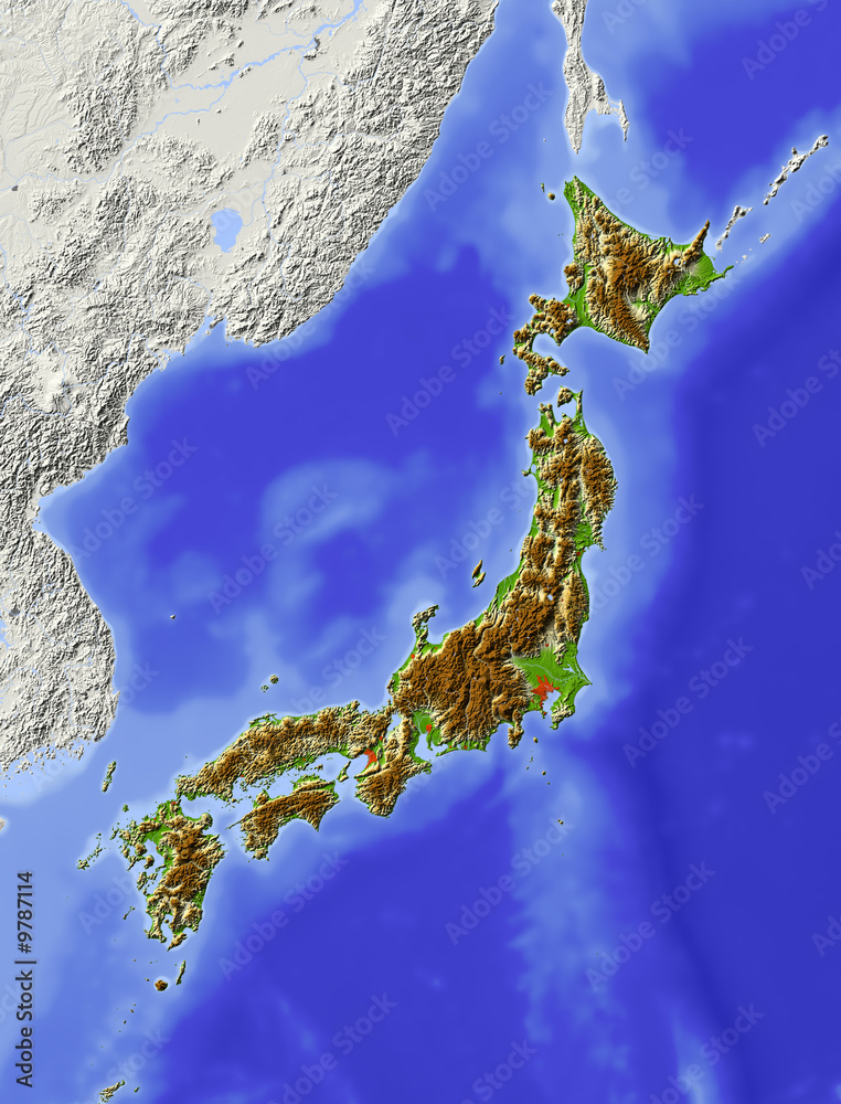 Japan. Shaded relief map, colored for elevation. Stock Illustration ...