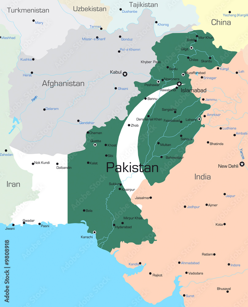 Vector map of Pakistan country colored by national flag Stock ...