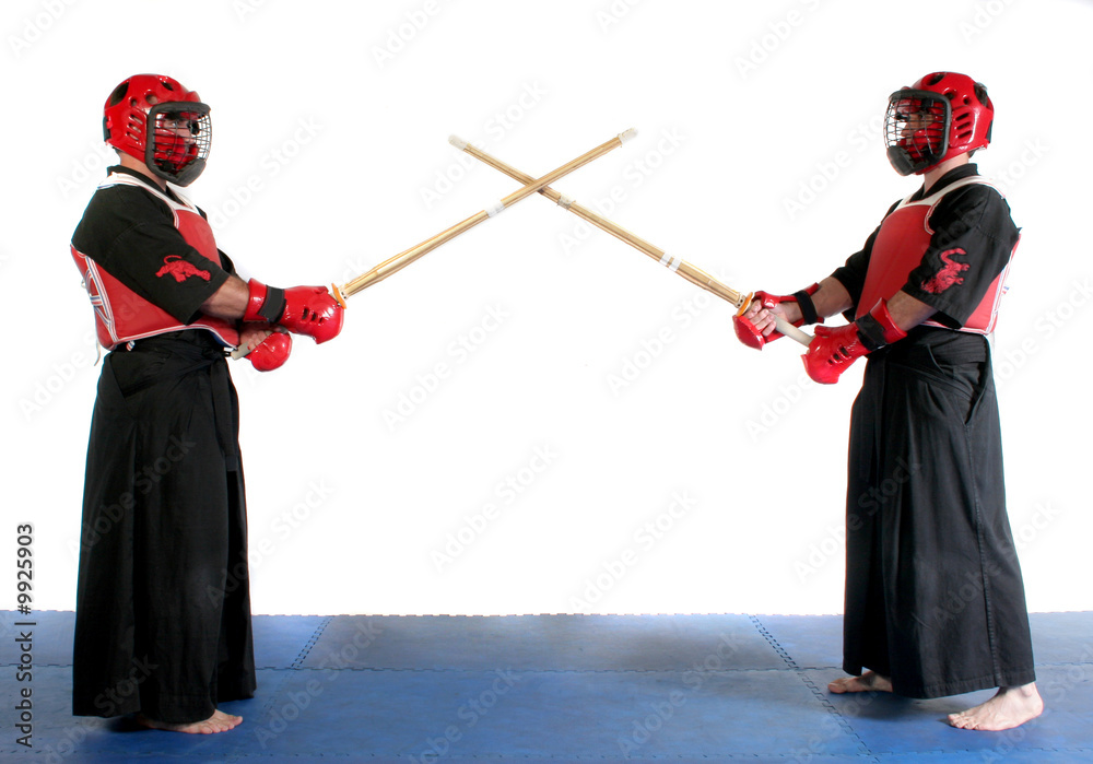 Two martial arts practicing ready to fight with wood swords Stock Photo ...