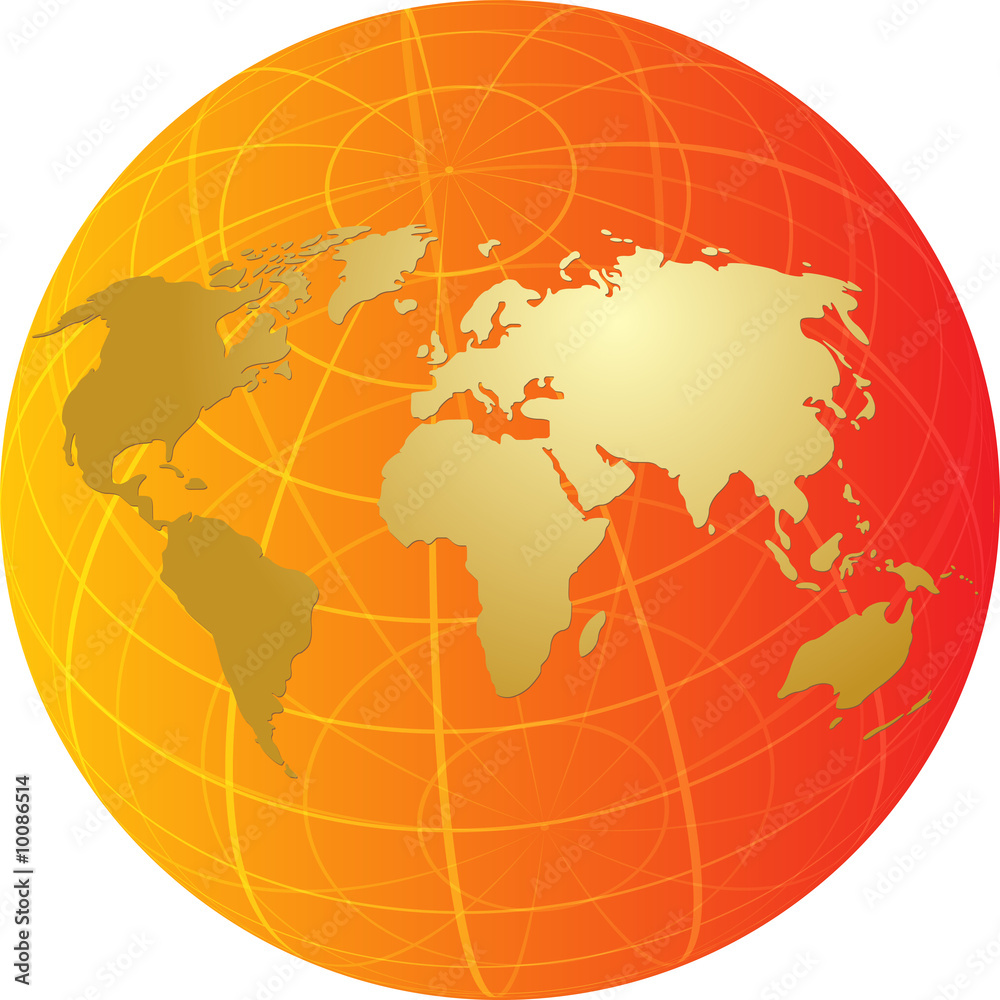 Map of the world illustration, on spherical globe with grid Stock ...