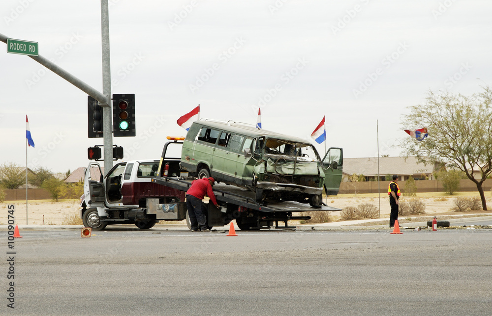 Major damage caused by a collision at an intersection Stock Photo ...