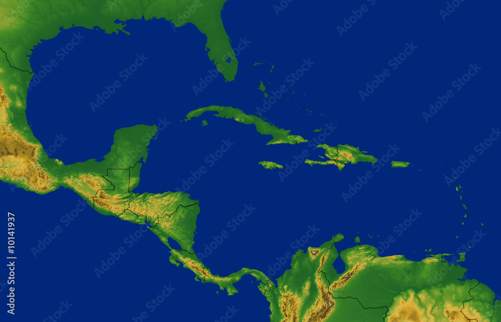 Caribbean Map with Terrain Stock Illustration | Adobe Stock