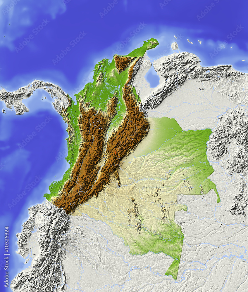Colombia. Shaded relief map, colored for elevation. Stock Illustration ...