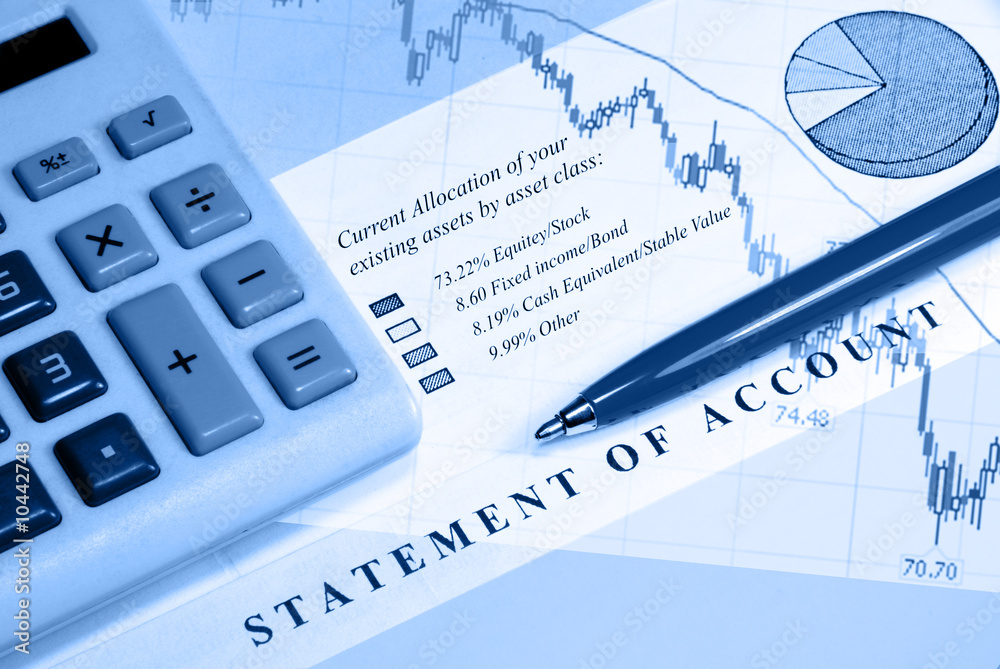 Asset statement, declining graph line, calculator, and pen Stock Photo ...