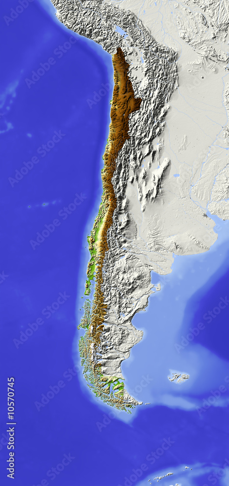 Chile, shaded relief map, colored for elevation. Stock Illustration | Adobe Stock