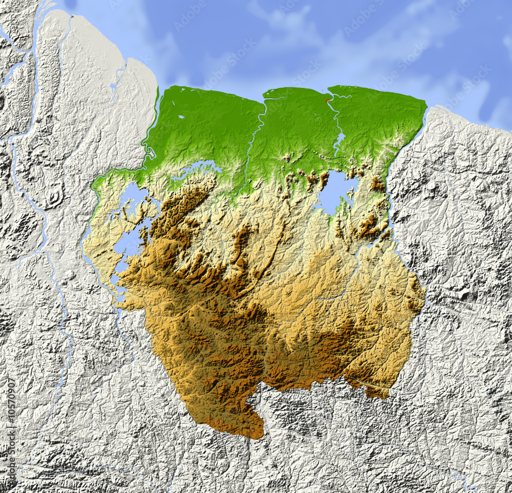 Suriname, shaded relief map, colored for elevation. Stock Illustration ...