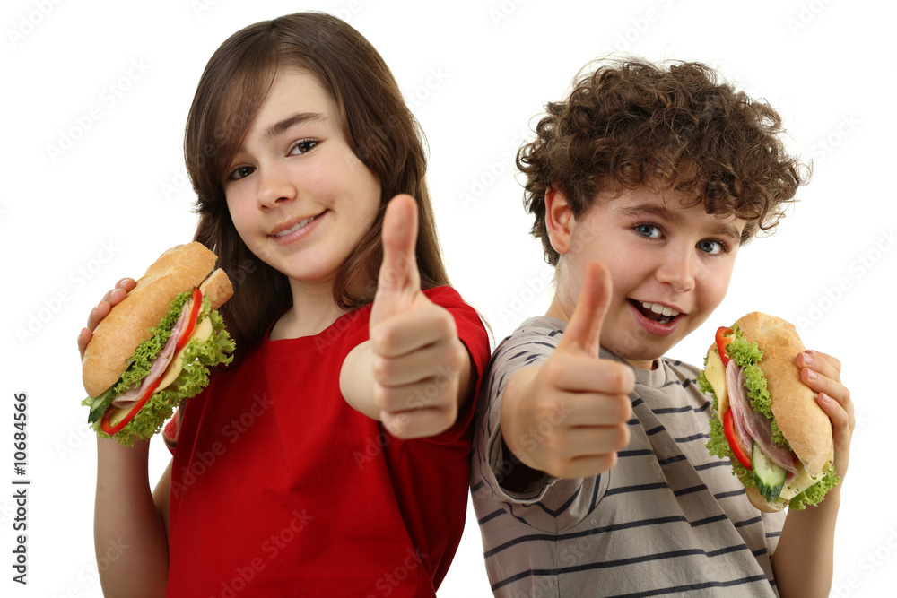 Kids eating healthy sandwiches showing Ok sign, isolated Stock Photo ...
