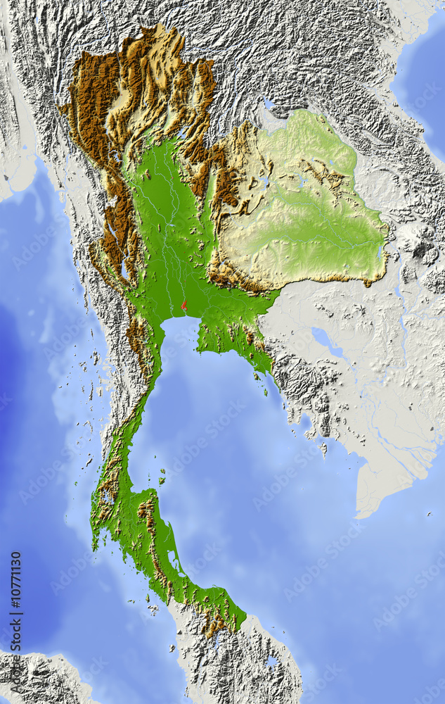 Thailand, shaded relief map, colored for elevation. Stock Illustration ...