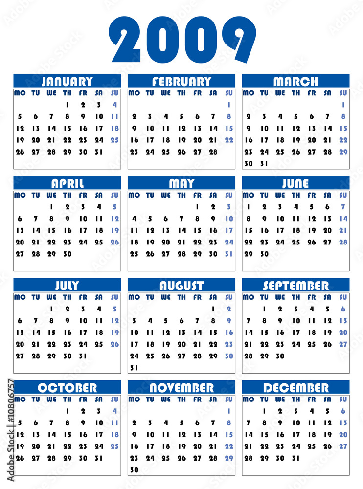 calendrier 2009 anglais Illustration Stock | Adobe Stock
