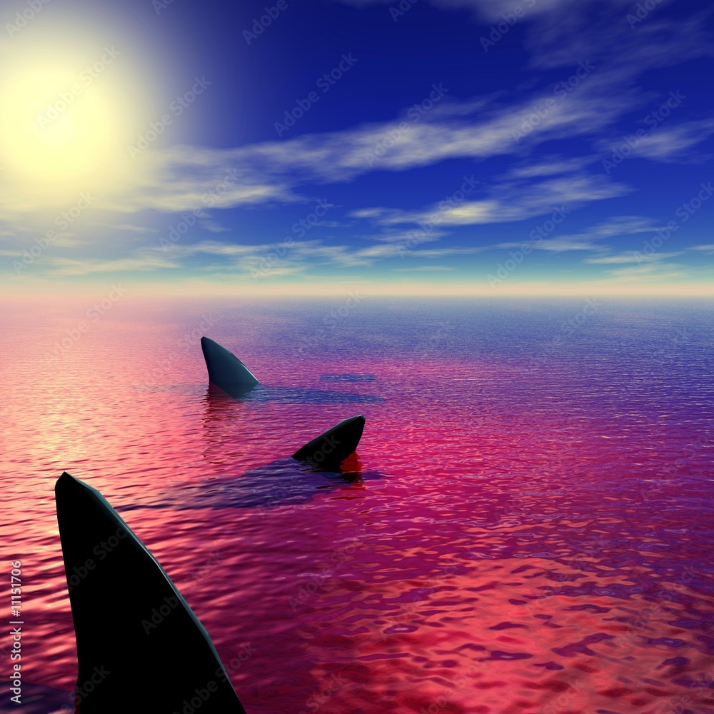 ailerons de requins dans une mer de sang Stock Illustration | Adobe Stock