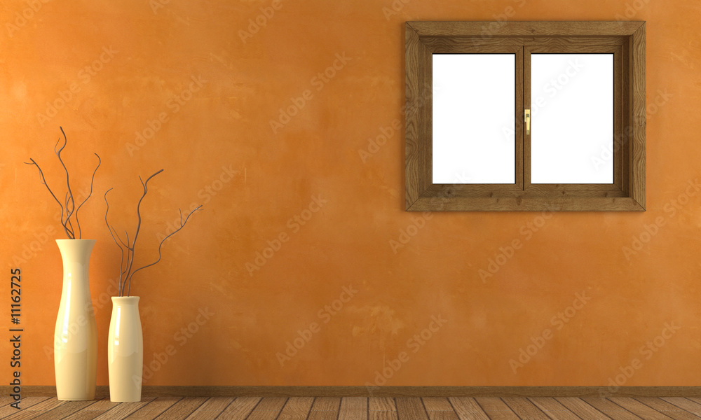 pared naranja con ventana y jarrones Stock Illustration | Adobe Stock