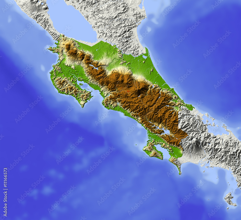 Costa Rica, shaded relief map, colored for elevation. Stock ...