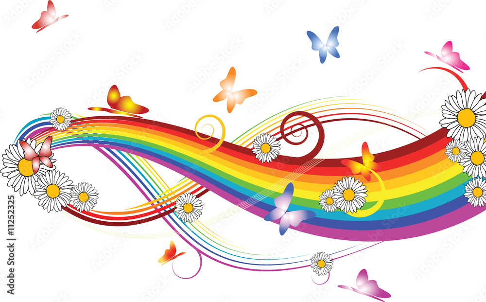 Rainbow with flowers and butterflies Stock Illustration | Adobe Stock