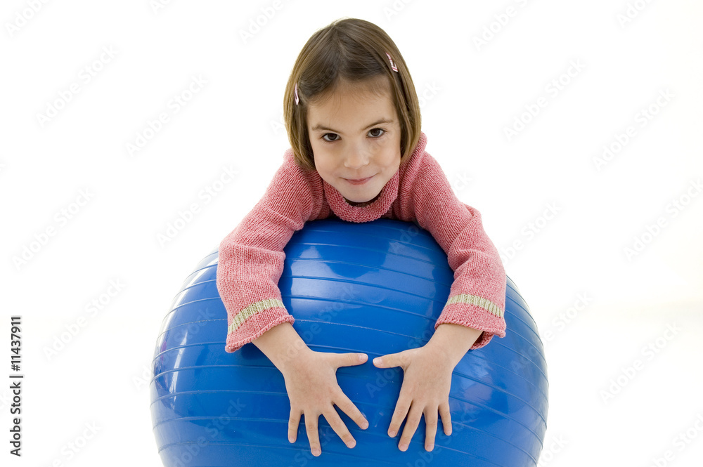 Little girl with a big blue ball isolated on white background Stock ...