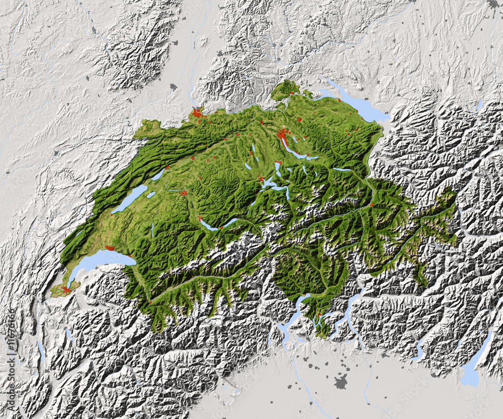 Switzerland, shaded relief map, colored for vegetation Stock ...