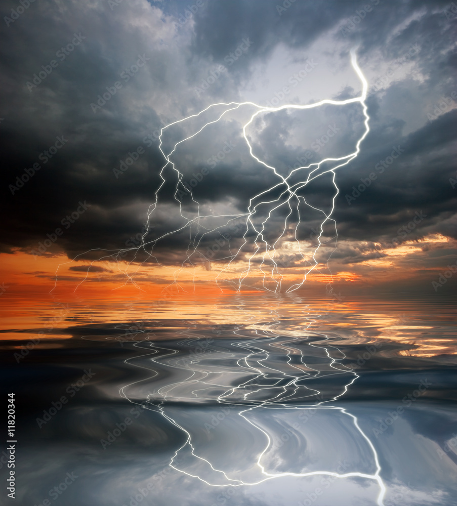 Lightning on sunset sky background Stock Illustration | Adobe Stock