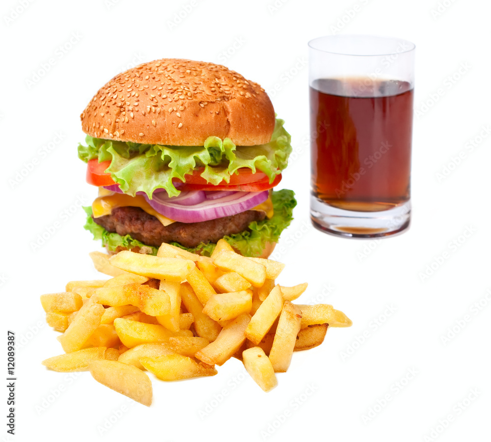 hamburger, fries and cola isolated on white background Stock Photo ...