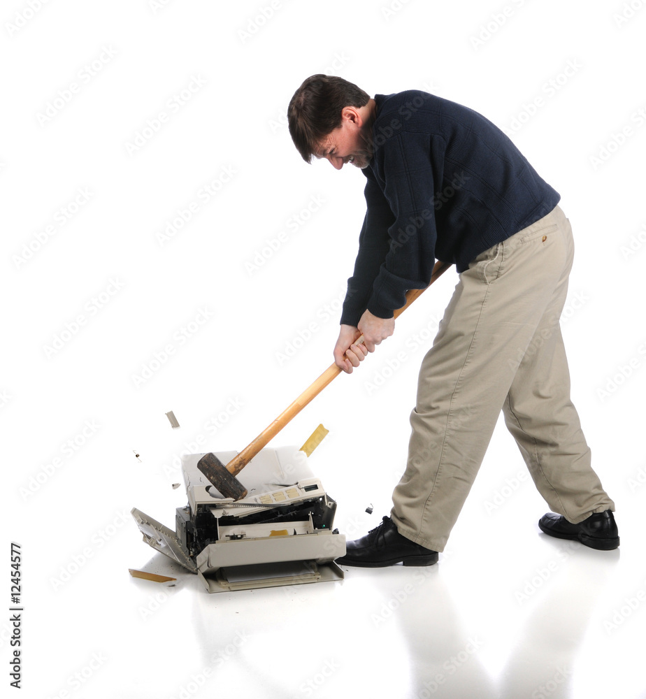 Man Destroying Printer with Sledgehammer Stock Photo | Adobe Stock