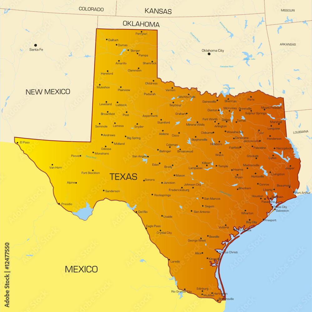 Vector color map of Texas state. Usa Stock Vector | Adobe Stock